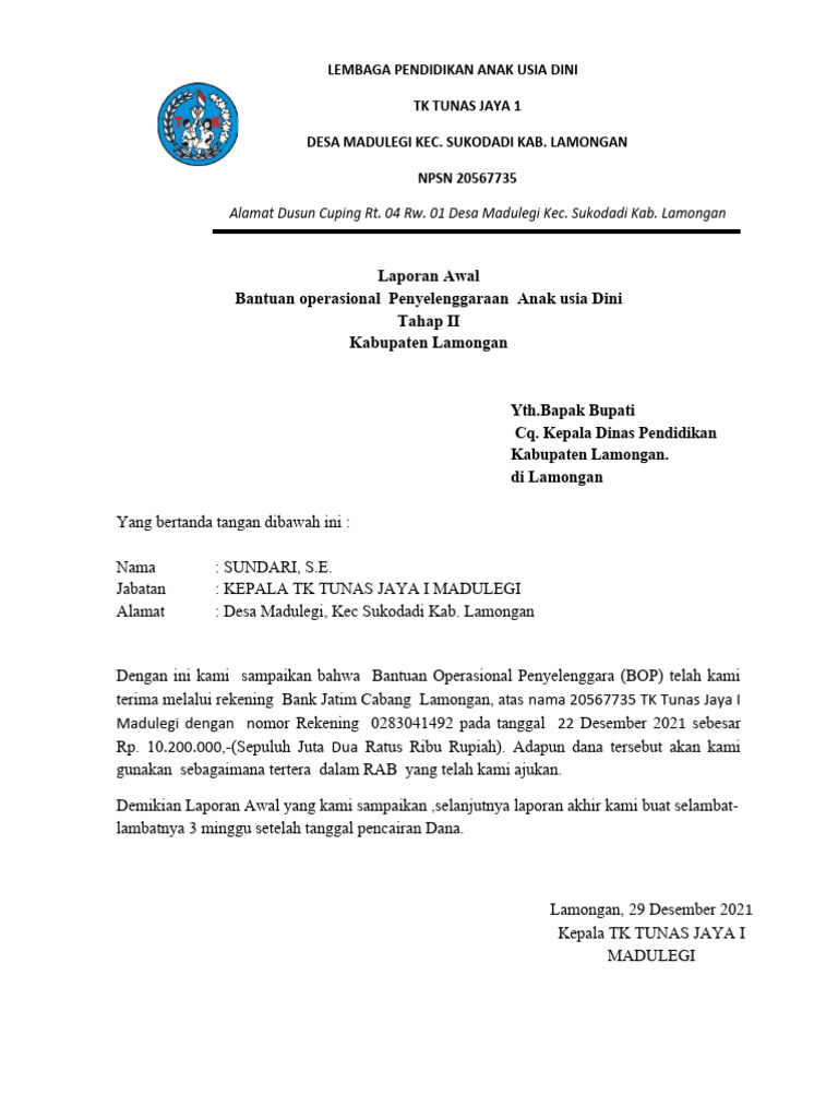 Laporan BOP Penyelenggaraan PAUD Lamongan | PDF
