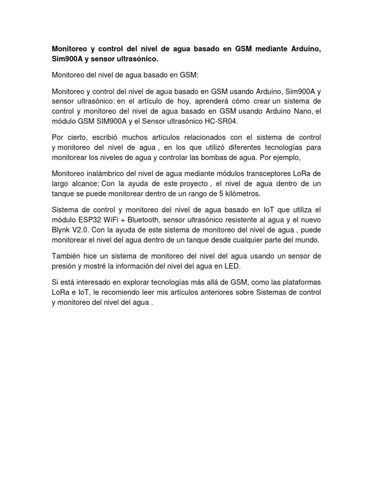 Monitoreo y Control Del Nivel de Agua Basado en GSM Mediante Arduino ...