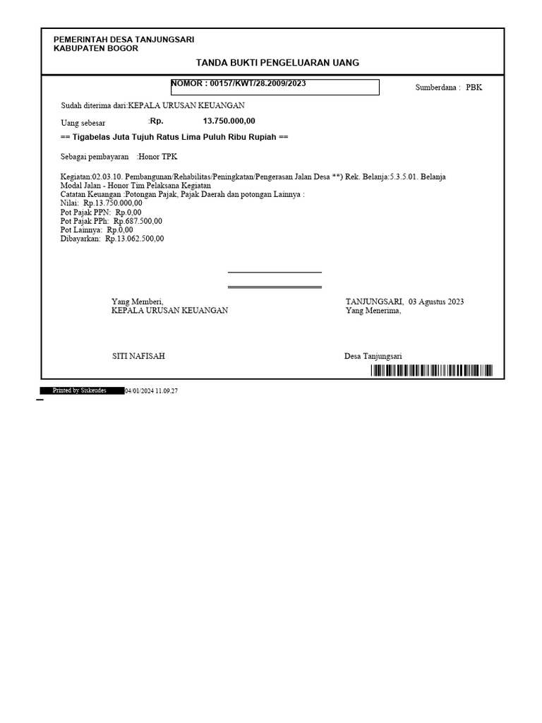 Tanda Bukti Pengeluaran Uang | PDF