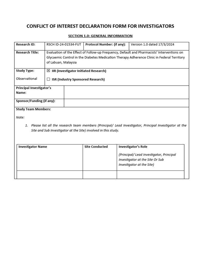 Conflict of Interest Declaration Form | PDF | Clinical Trial | Business