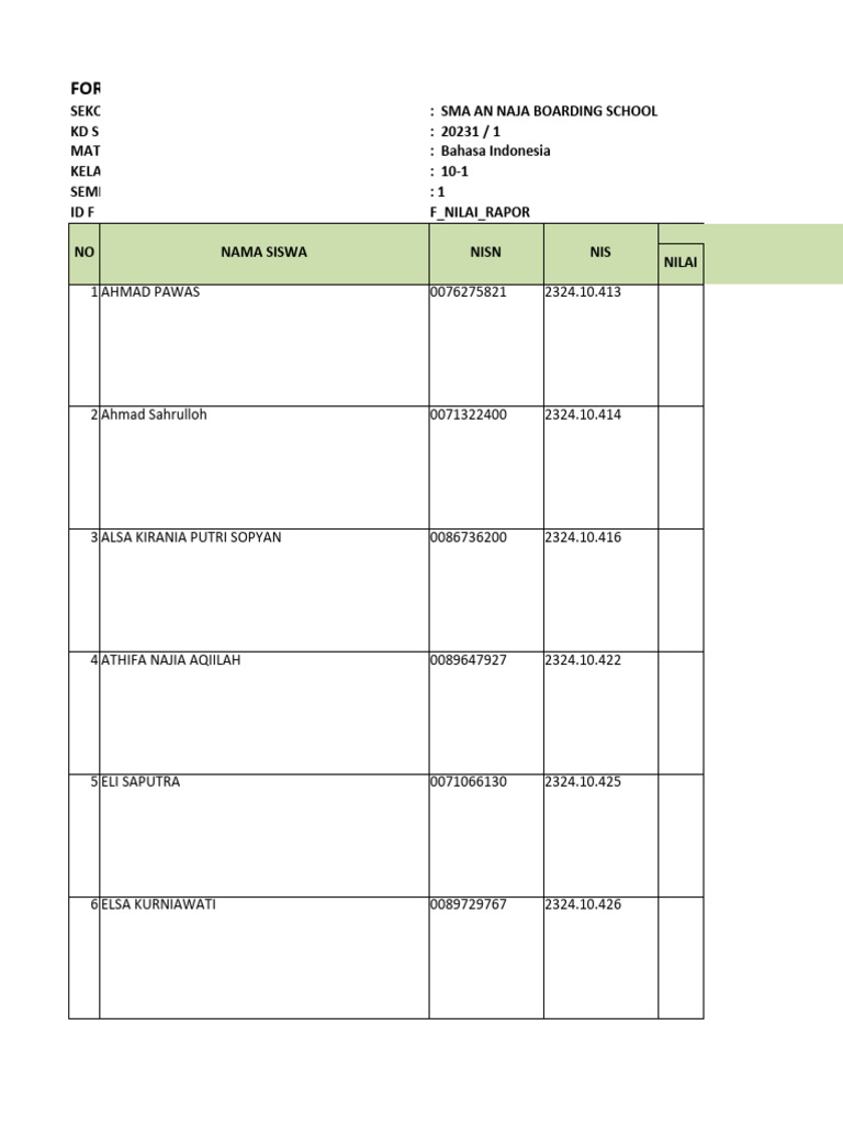 Daftar Nilai SMA Kurikulum Merdeka | PDF