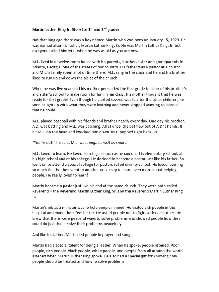 Martin Luther King JR For 1st and 2nd Grade | PDF | Martin Luther King Jr.
