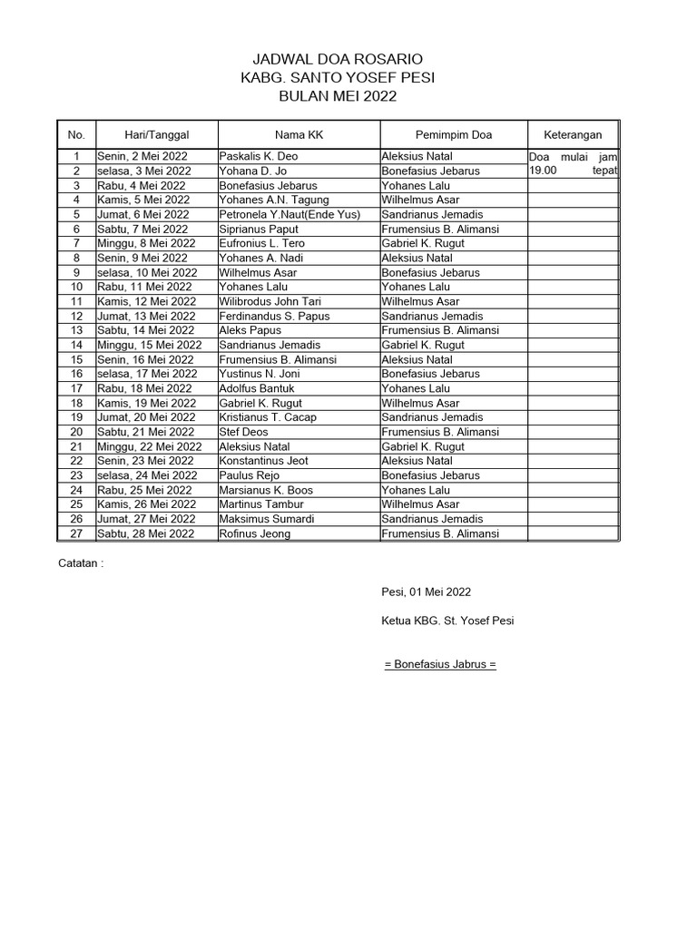 Jadwal Doa Rosario Bulan Mei | PDF