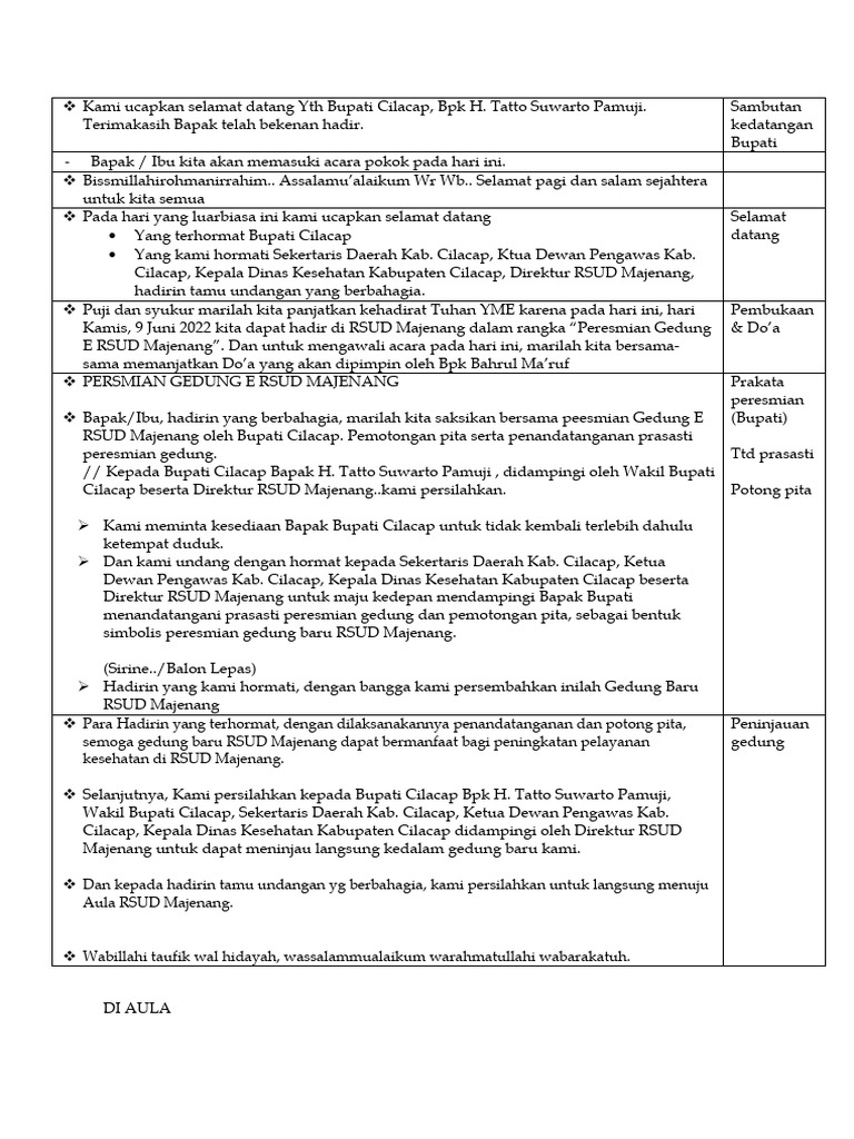 Draft MC Peresmian Gedung RSUD Majenang | PDF | Kesehatan Holistik | Gaya Hidup