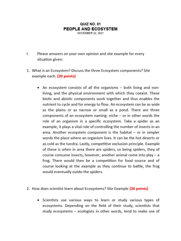 Quiz 01 (People and Ecosystem) | PDF | Ecosystem | Ecological Niche