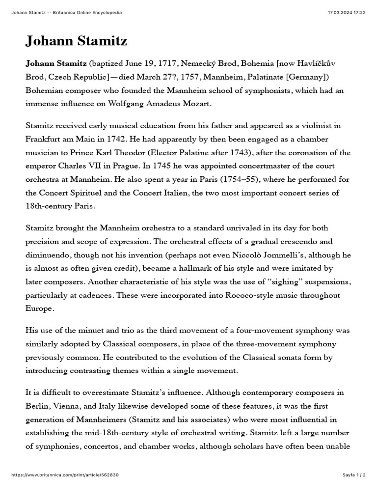 Johann Stamitz: Founder of Mannheim School | PDF | Classical Music ...