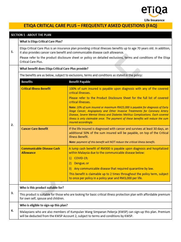 Etiqa+Critical+Care+Plus FAQ | PDF | Insurance | Physical Examination
