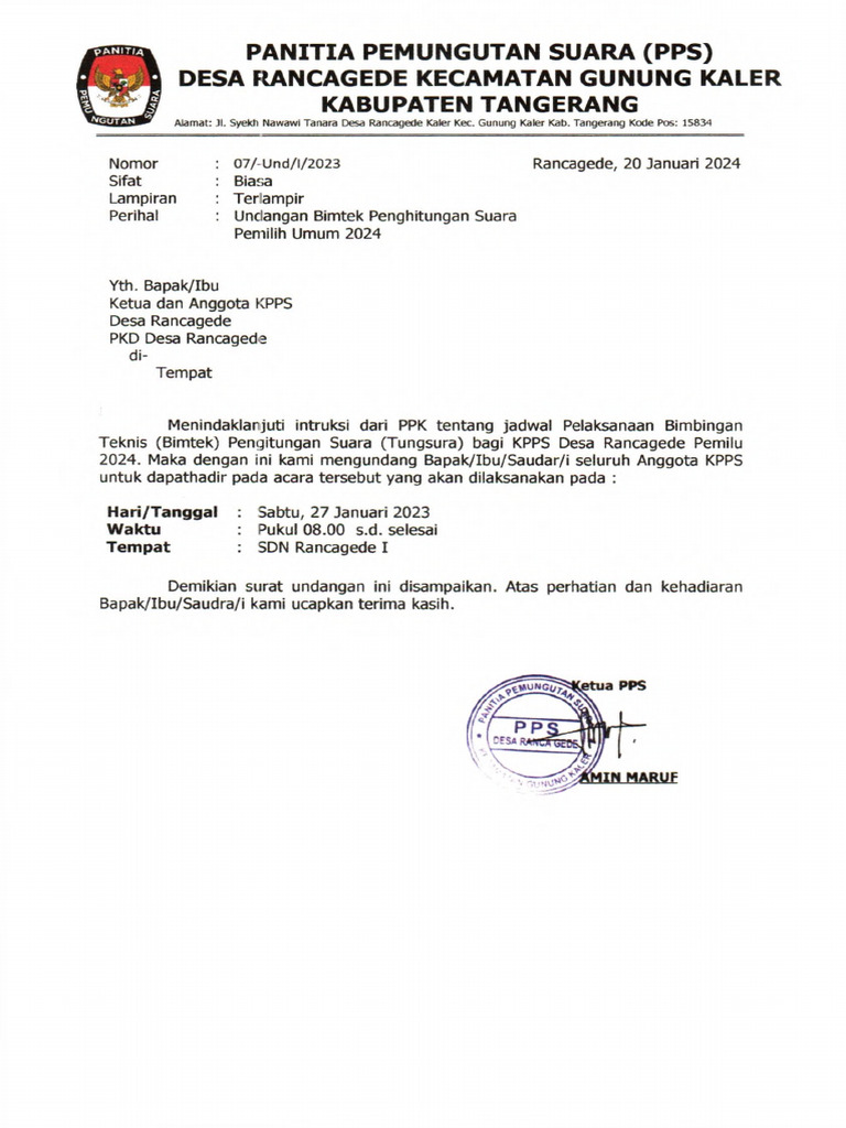 Surat Undangan Bimtek KPPS Rancagede | PDF
