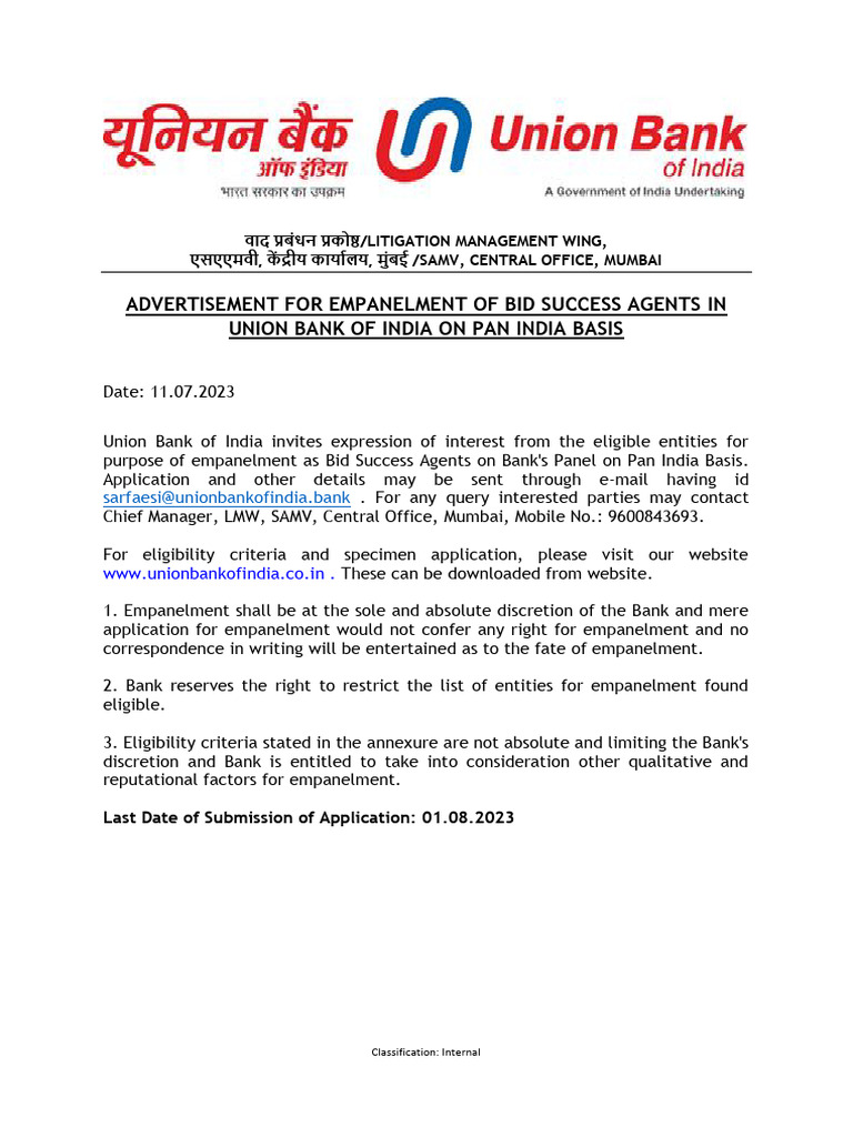 Union-bank-Advt Bid Suc Agt | PDF | Banks | Financial Services