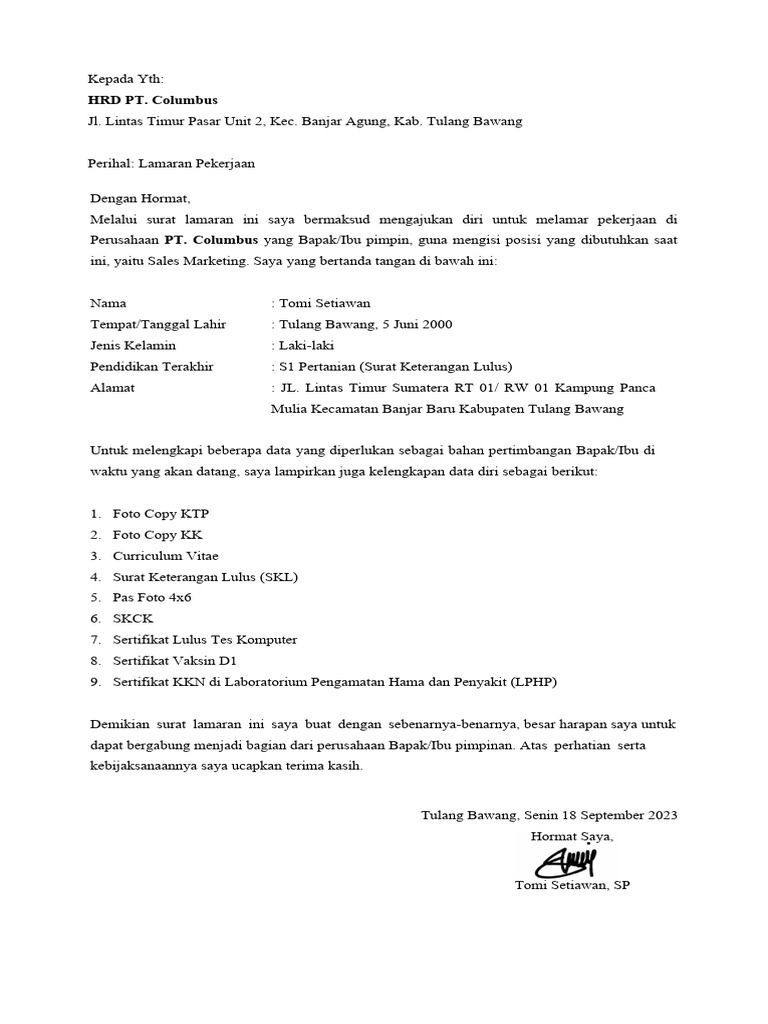 Surat Lamaran Tomi-2 | PDF | Karier & Perkembangan
