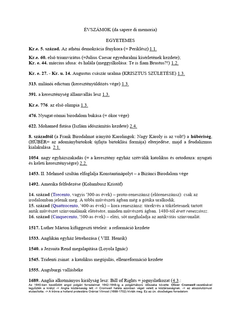 ÉVSZÁMOK Egyetemes | PDF