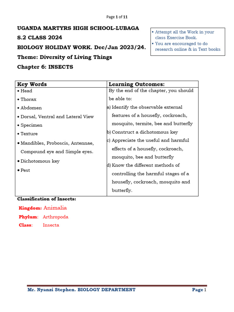 UMHS. S.2 Class 2024 BIO HOLIDAY WORK Final Dec Jan 2023 | PDF ...