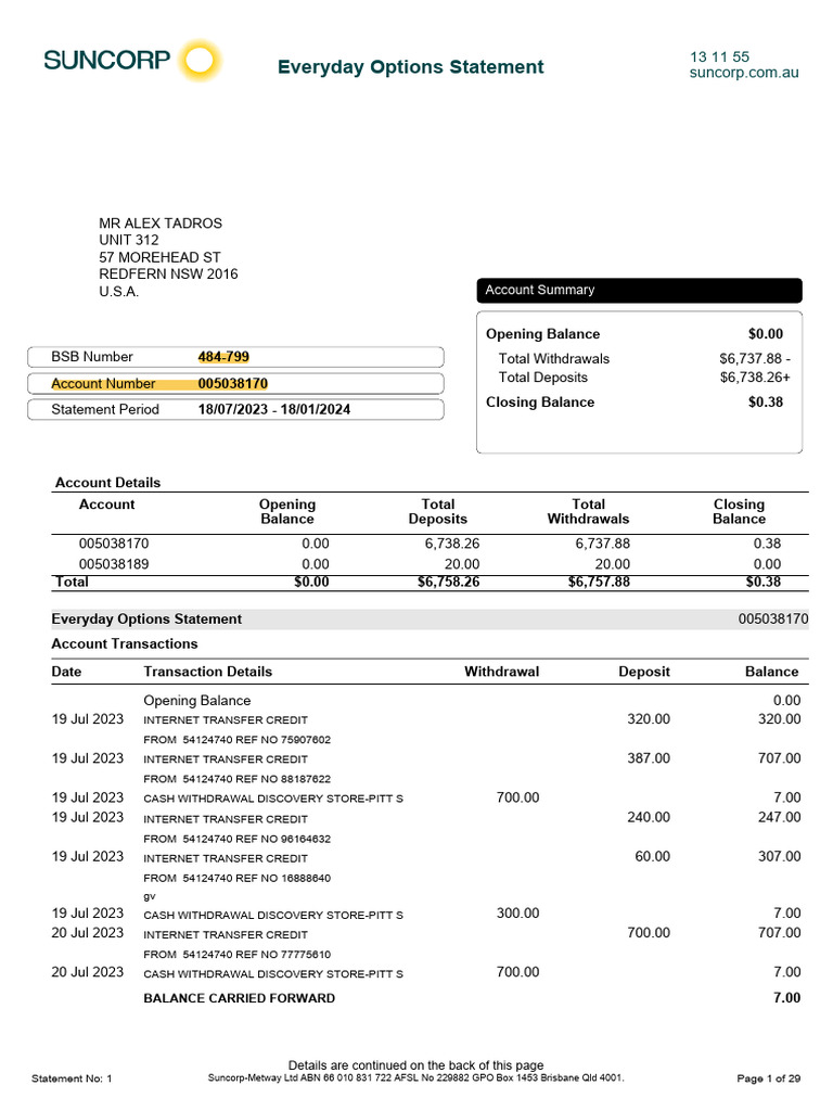 Suncorp Everyday Options Statement | PDF | Debit Card | Visa Inc.