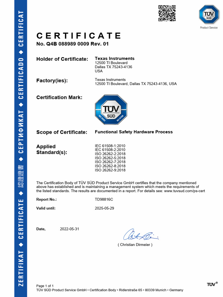 Texas Instruments Functional Safety Certification | PDF
