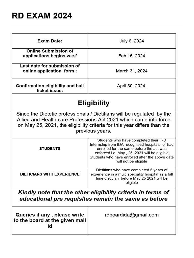 RD Exam 2024 Eligibility and Dates | PDF