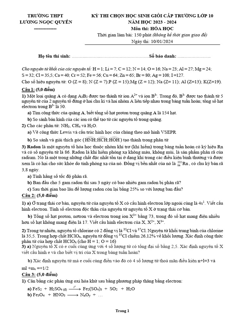 De Thi HSG Hoa Hoc 10 Nam 2023 2024 Truong THPT Luong Ngoc Quyen Thai Nguyen | PDF