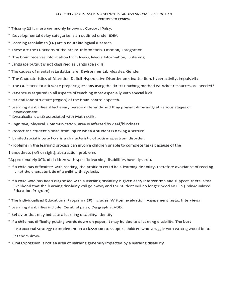 Pointers To Review | PDF | Learning Disability | Intellectual Disability