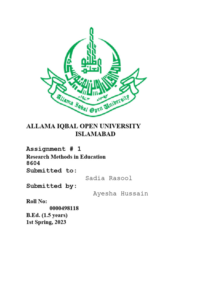 Allama Iqbal Open University Islamabad Assignment # 1 Submitted To: Submitted by | PDF ...