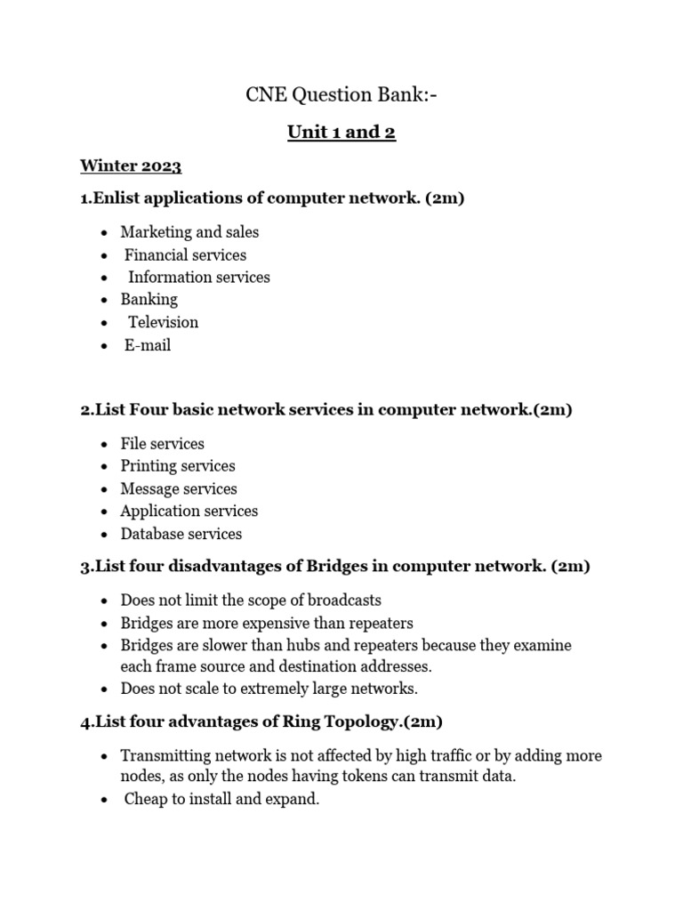 Cne Question Bank Unit 1 And 2 Answers 1 Pdf Computer Network Network Topology 