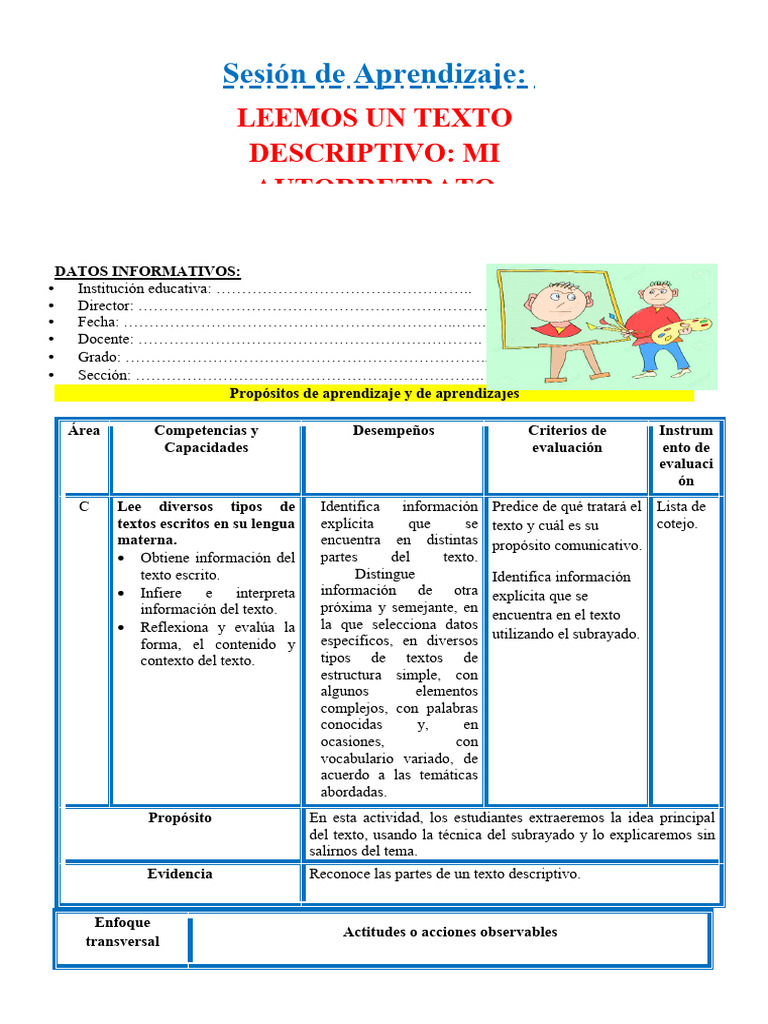 3° Sesión Día 5 Com Leemos Un Texto Descriptivo Mi Autorretrato | PDF | Evaluación
