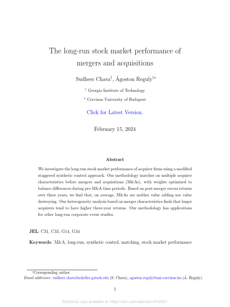 Long-Run Stock Performance of M&As | PDF | Mergers And Acquisitions ...