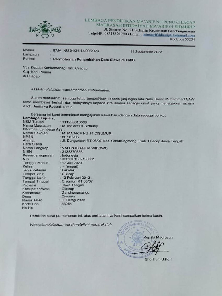 Permohonan Penambahan Data Siswa Di EMIS | PDF