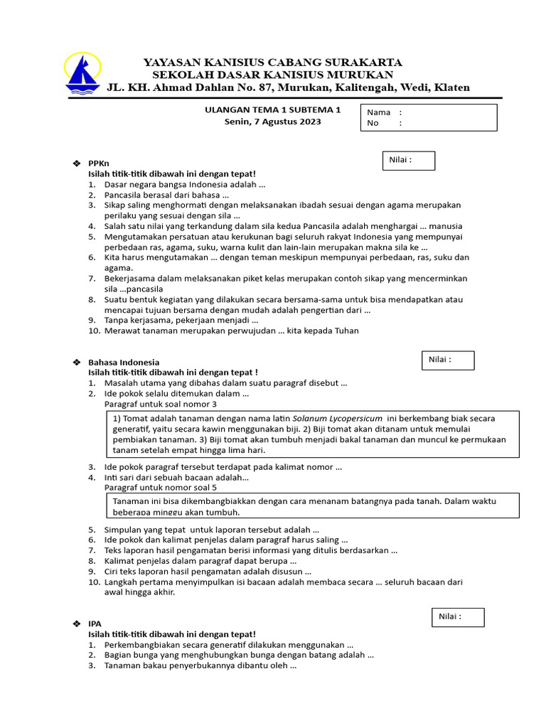 Ulangan Tema 1 ST 1 | PDF