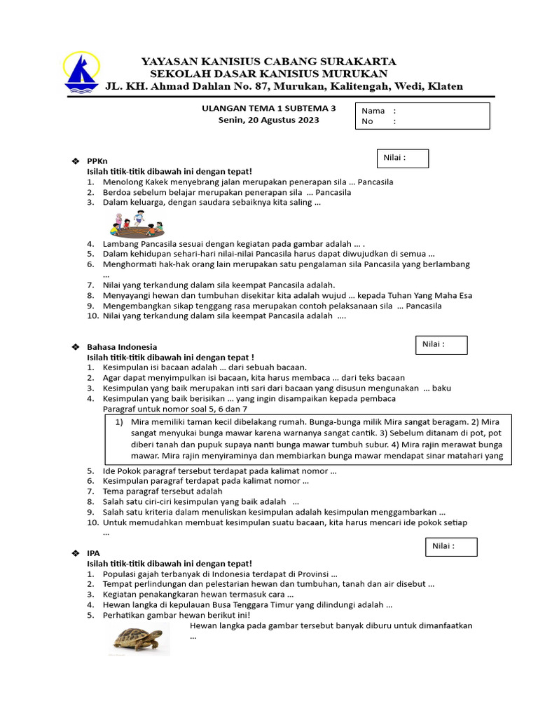 Ulangan Tema 1 ST 3 | PDF