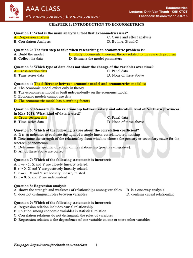 KTEE218 - Bài tập trắc nghiệm | PDF | Ordinary Least Squares | Errors And Residuals