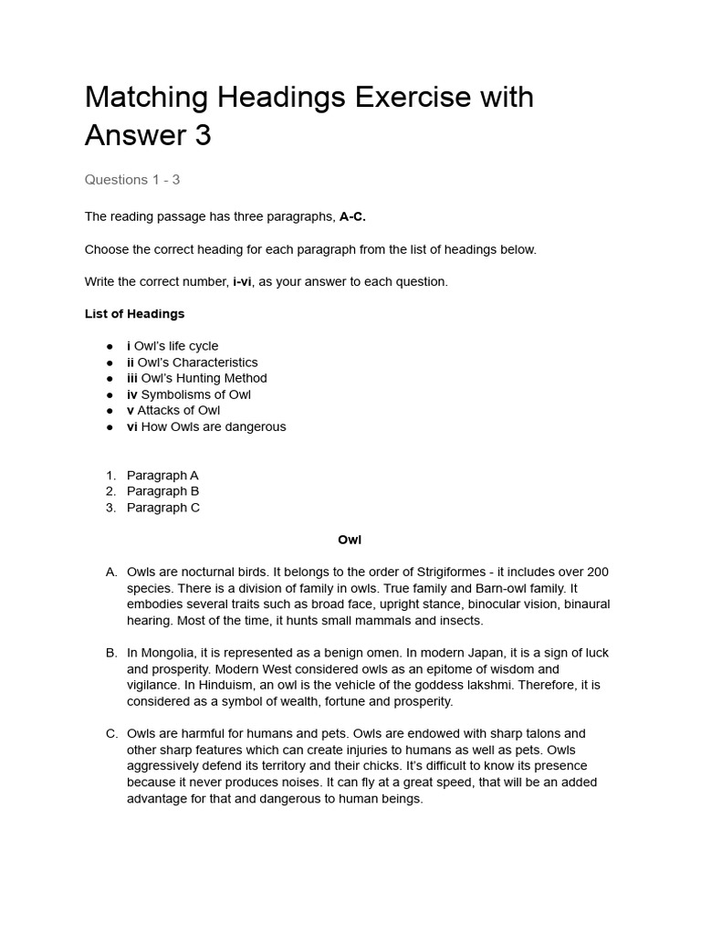 Matching Headings Exercise With Answer 3 7ca9ba2e66 | PDF