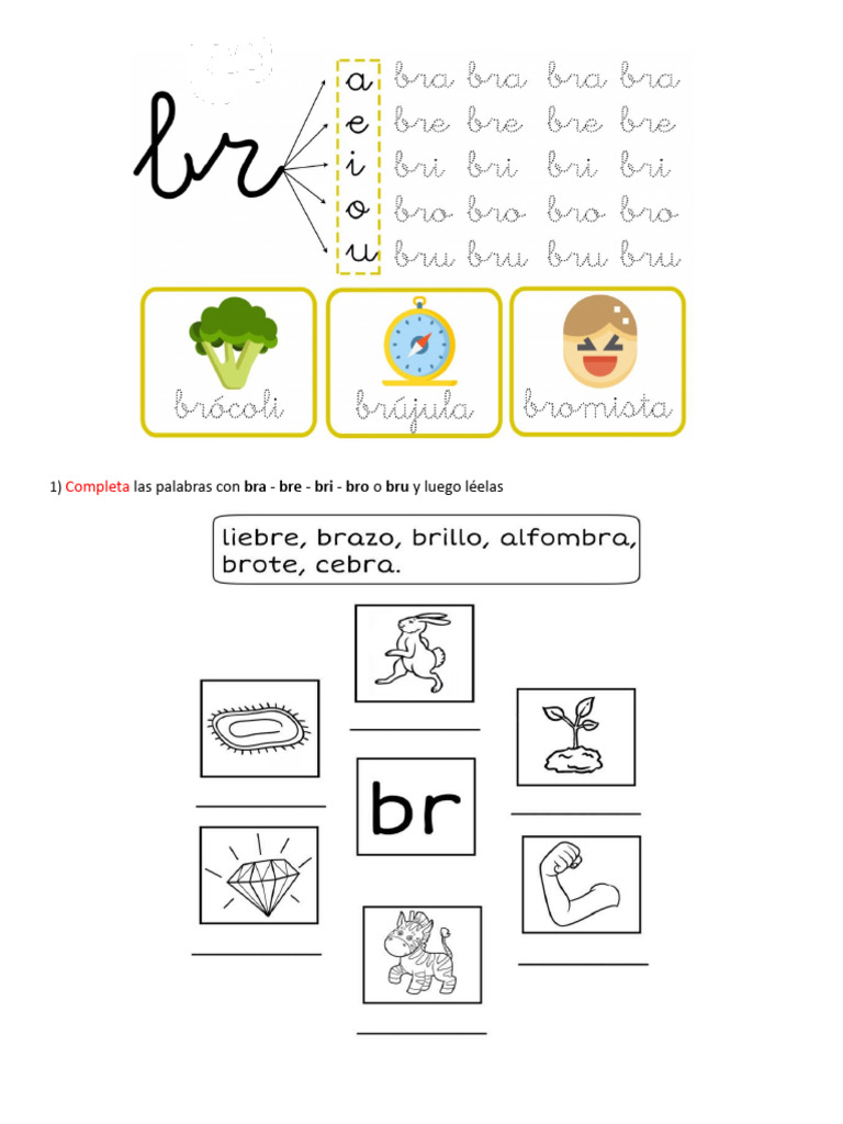 Las Palabras Con Bra - Bre - Bri - Bro o Bru y Luego Léelas: Completa | PDF