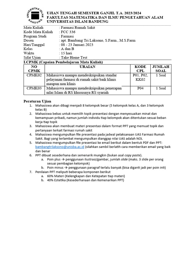 Soal UAS Farmasi Rumah Sakit TA 2024 | PDF | Bisnis | Teknologi & Rekayasa