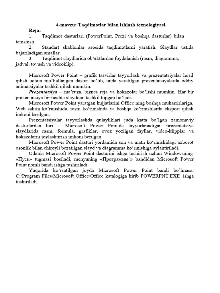 4 - Taqdimotlar Bilan Ishlash Texnologiyasi | PDF