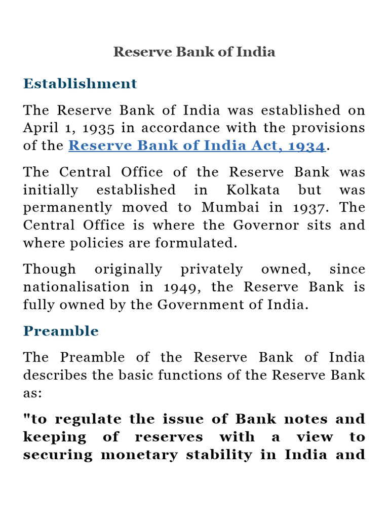 Overview of RBI's Establishment and Role | PDF | Reserve Bank Of India ...