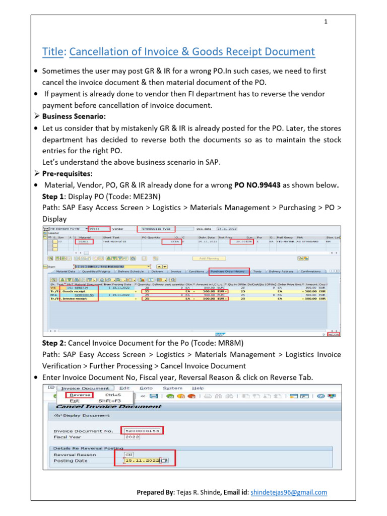 SAP Invoice & Goods Receipt Cancellation Guide | PDF | Invoice ...