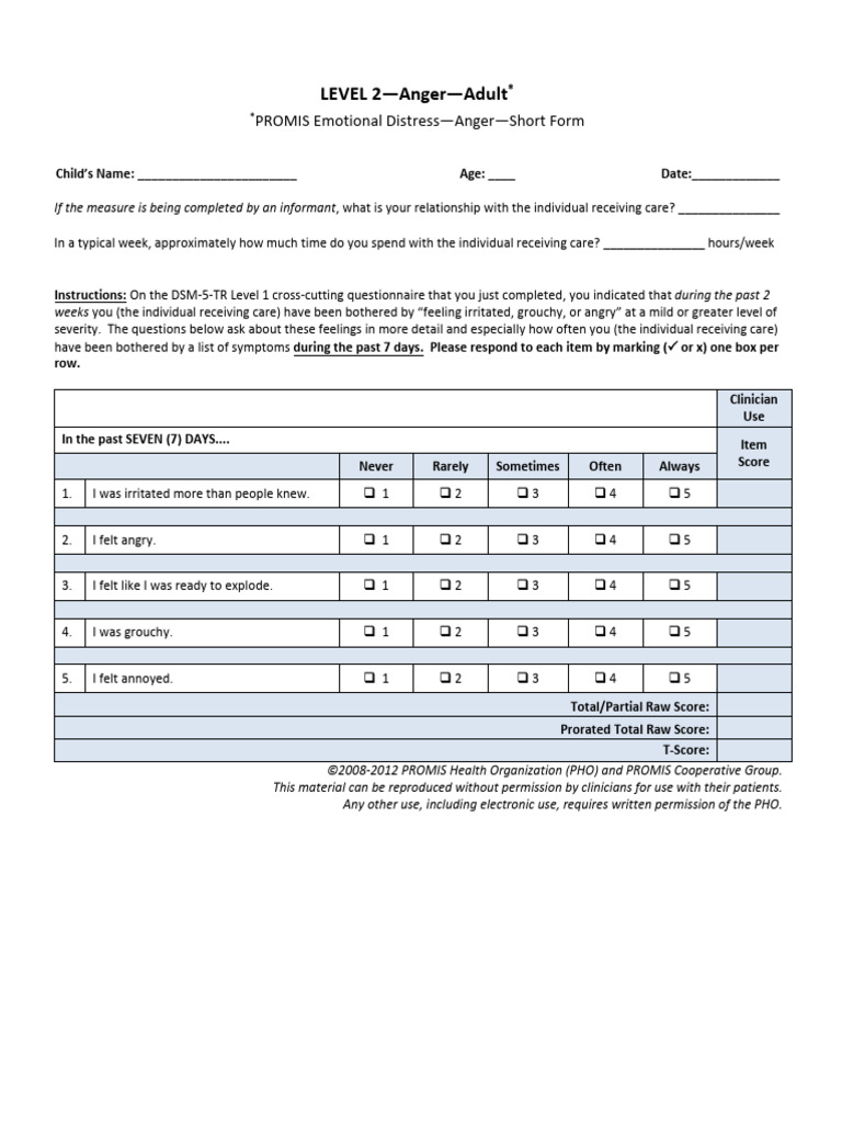 PROMIS Anger Short Form Assessment | PDF | Anger | Diseases And Disorders