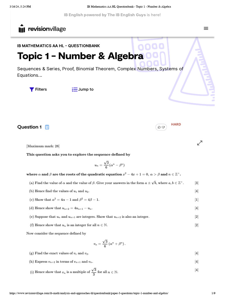 Ib Aahl - Topic 1 p3 - RV Questionbank | PDF | Mathematics | Equations