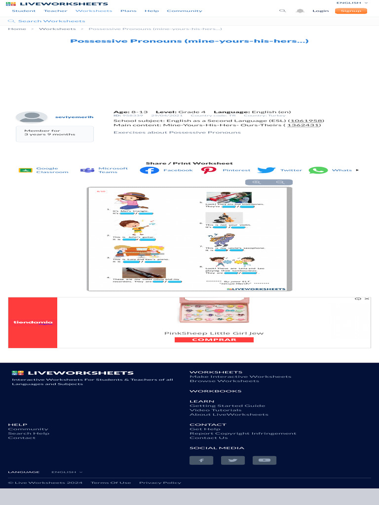Possessive Pronouns (Mine Yours His Hers... ) Work | PDF | Worksheet ...