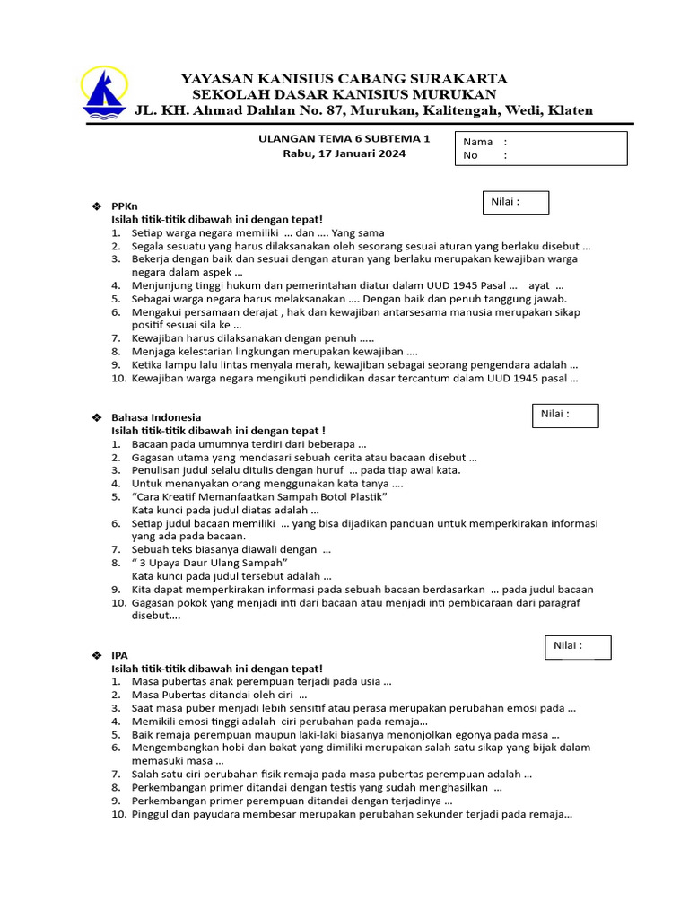 Ulangan Tema 6 ST 1 | PDF