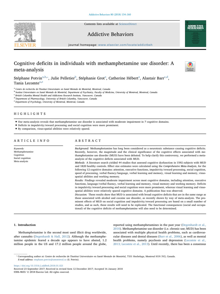 Cognitive Deficits in Individuals With Methamphetamine Use Disorder - A Meta-Analysis | PDF ...