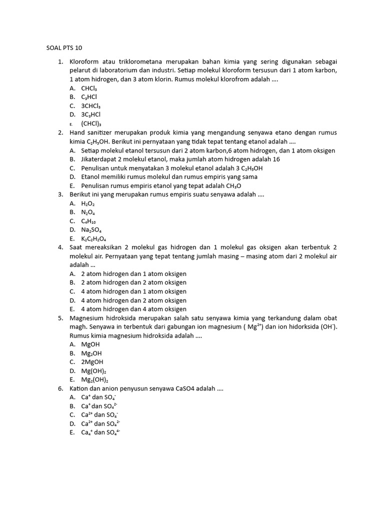 Soal PTS Kimia 10 | PDF