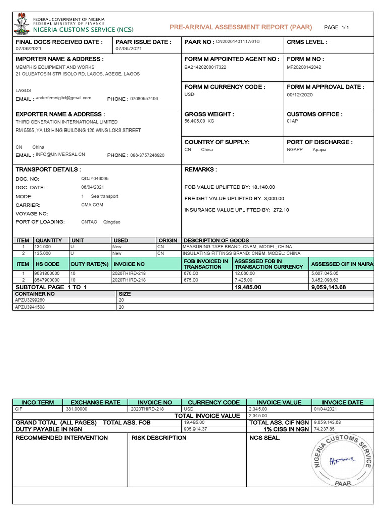 Pre-Arrival Assessment Report (Paar) | PDF | International Trade | Business