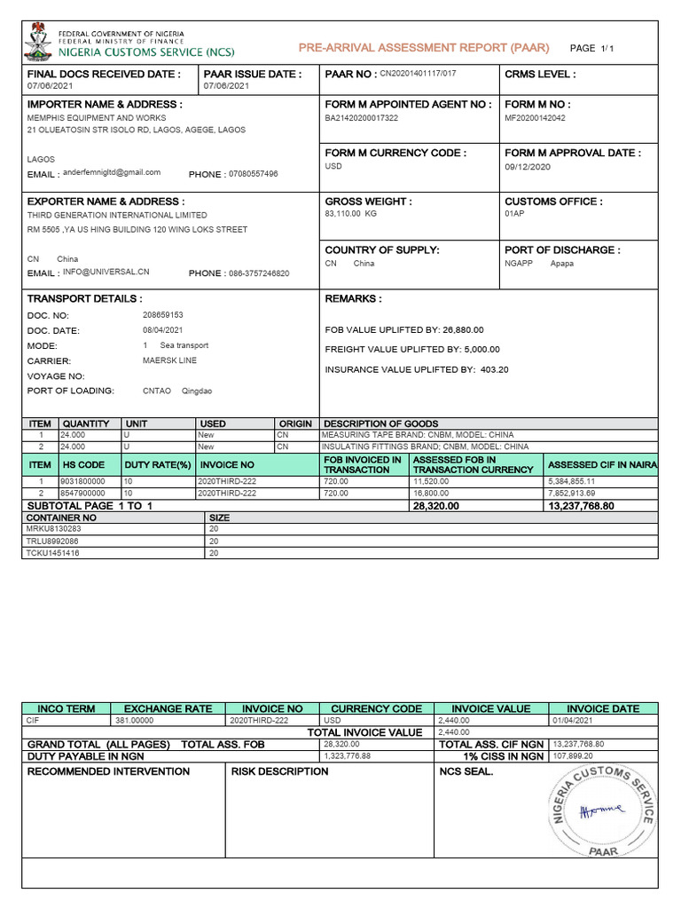 Pre-Arrival Assessment Report (Paar) | PDF | International Trade | Trade