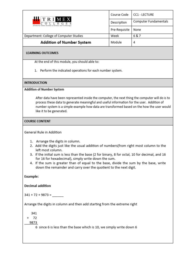 Cc1 Module 4 Addition of Number System | PDF | Numbers | Mathematical ...