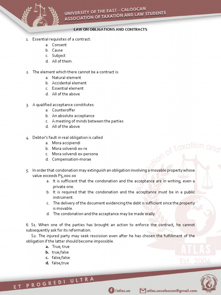 ATLAS Questionnaire Obligations and Contracts F1 | PDF | Consideration ...