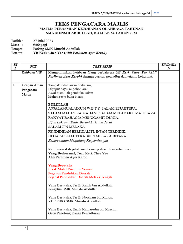 Teks Emcee Kejohanan Sukan 2023 | PDF