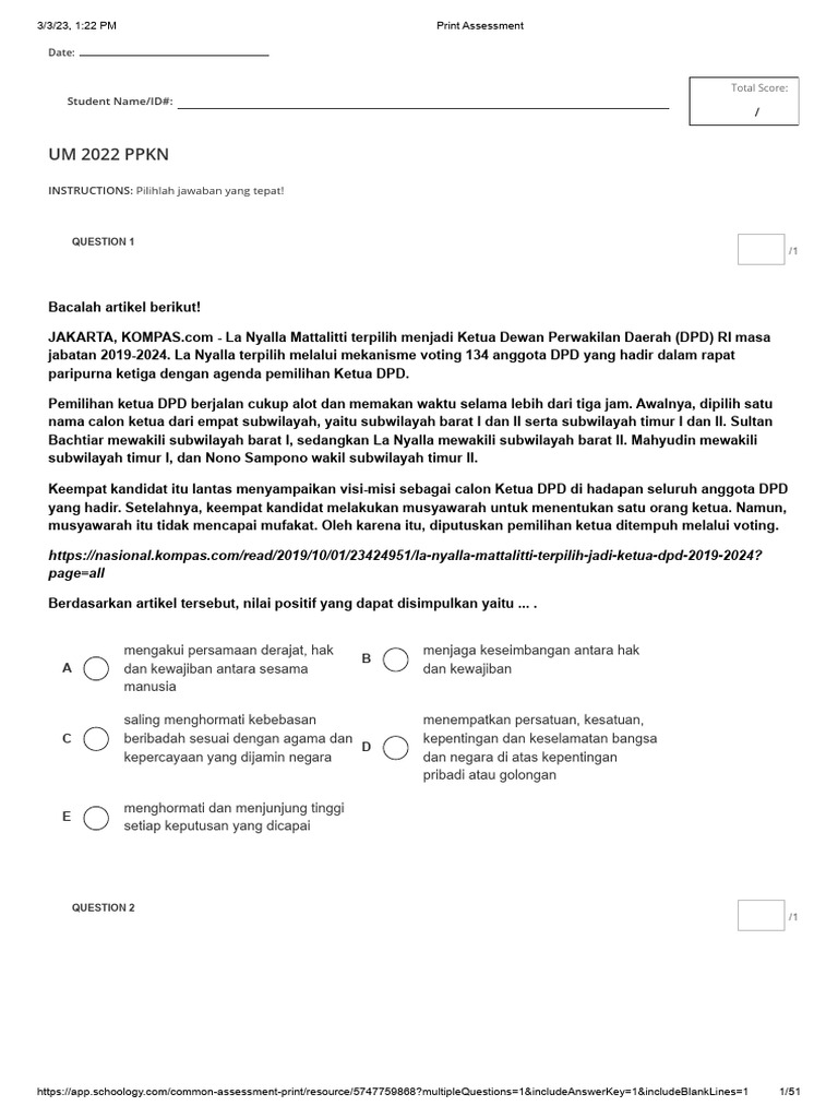 Soal UM PPKN 2022 Schoology-1-12 | PDF