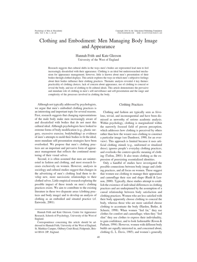 Clothing and Embodiment Men Managing Bod | PDF | Body Image | Clothing