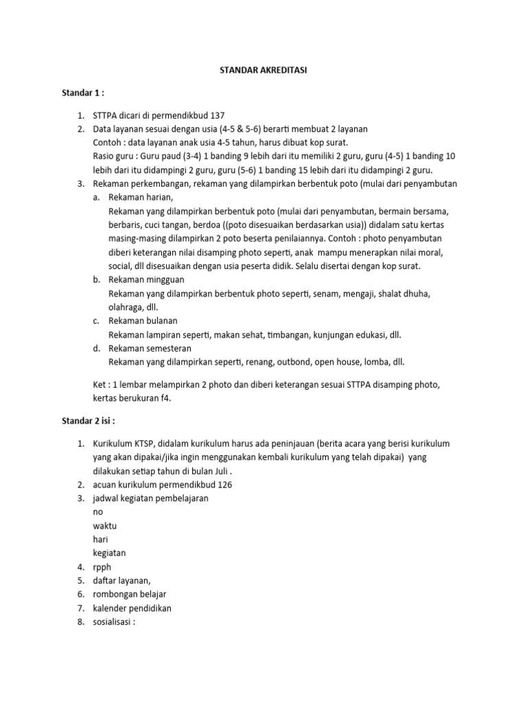 Standar Akreditasi PAUD Lengkap | PDF