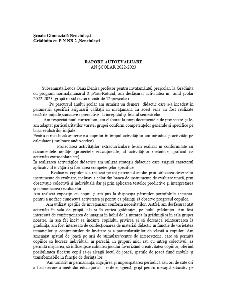 Raport Autoevaluare | PDF